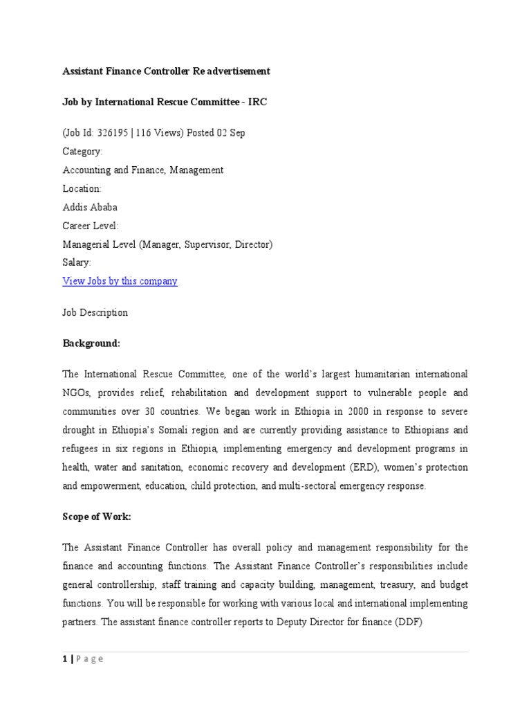 Assistant Finance Controller Re Advertisement | PDF | Internal Control ...