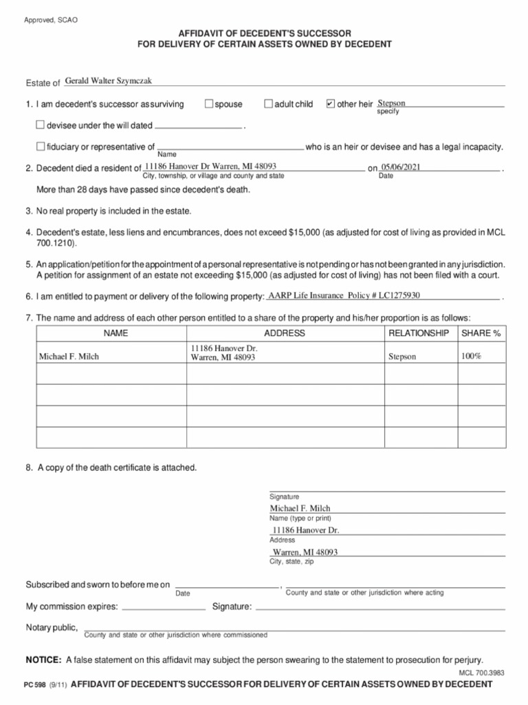Affidavit of Decedent's Successor | PDF