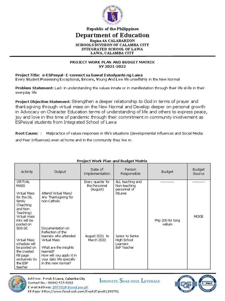 ESP Project Work Plan and Budget Matrix 2021 2022 Final | PDF ...
