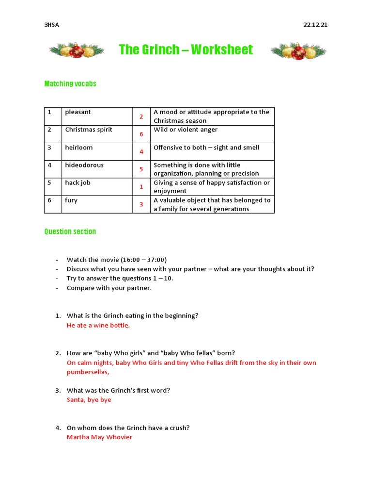 The Grinch - Worksheet: Matching Vocabs | PDF