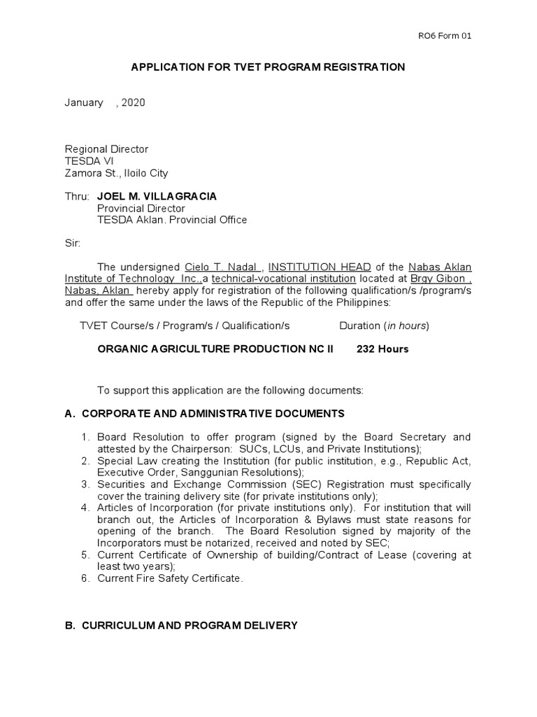 Application For Tvet Program Registration: RO6 Form 01 | PDF ...