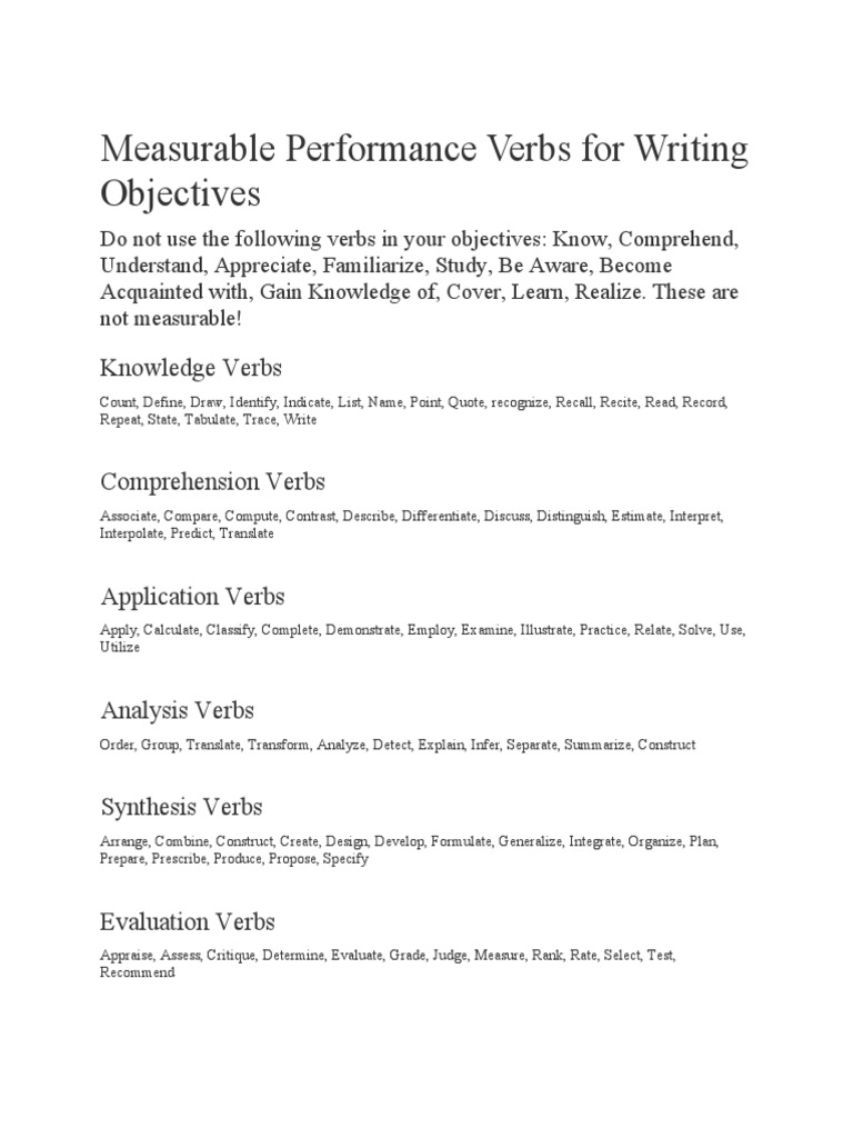 Measurable Performance Verbs For Writing Objectives | PDF