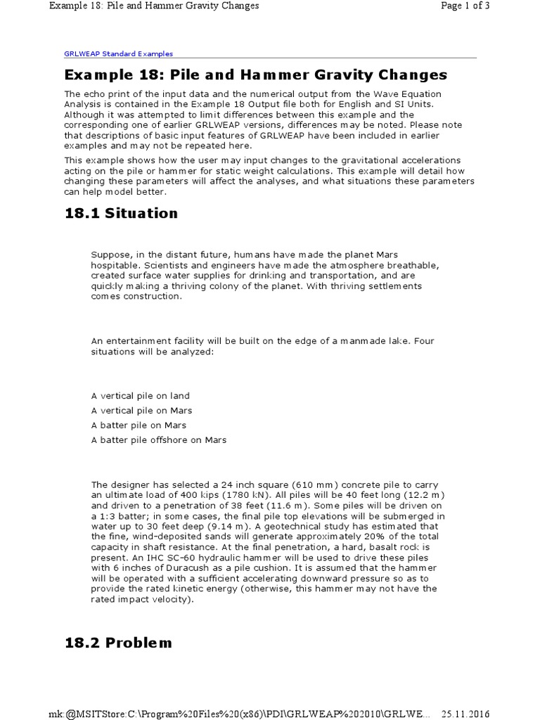 Example 18: Pile and Hammer Gravity Changes: GRLWEAP Standard Examples ...