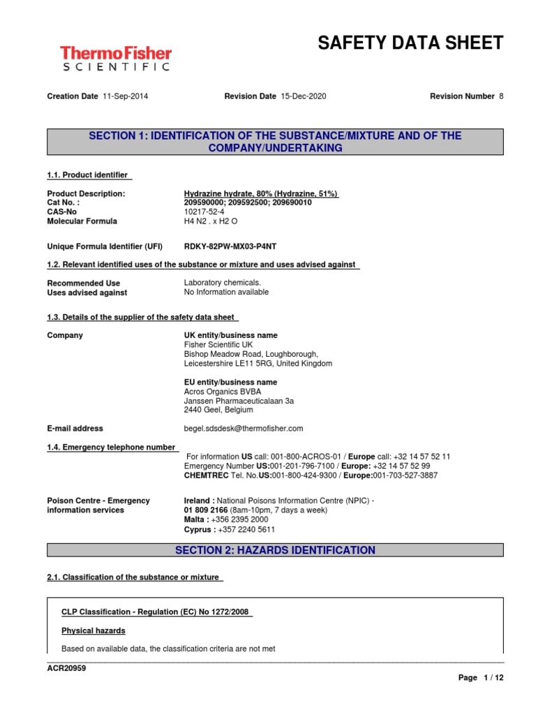 Hydrazine Hydrate Safety Data Sheet | PDF | Dangerous Goods | Toxicity