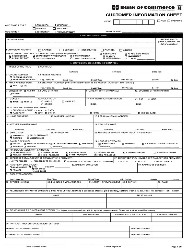 Bank of Commerce - Customer Information Sheet | PDF | Banks | Economies