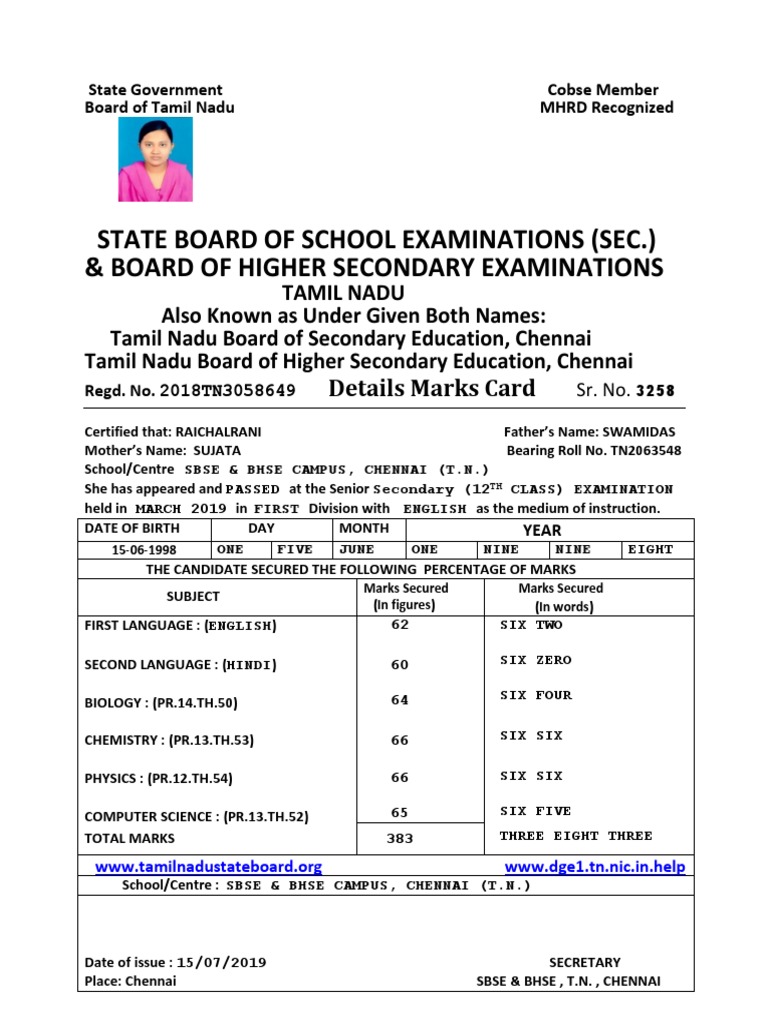 State Board of School Examinations (Sec.) & Board of Higher Secondary ...