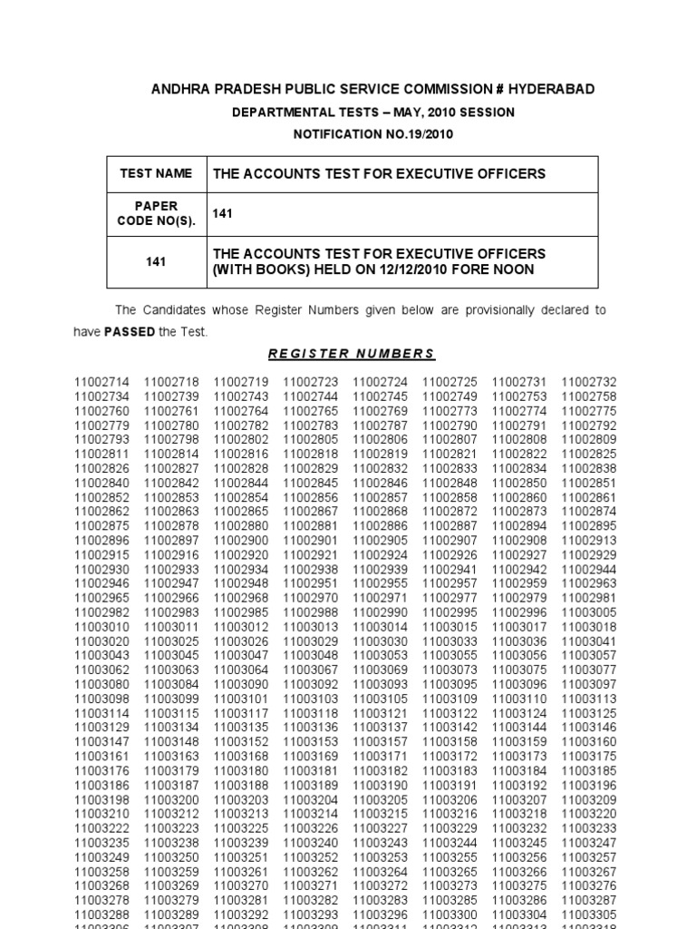 APPSC Departmental Test 141 Results | PDF