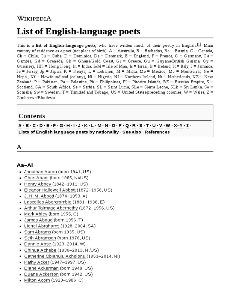 List of English-Language Poets: Aa-Al | PDF | Poetry | English Writers