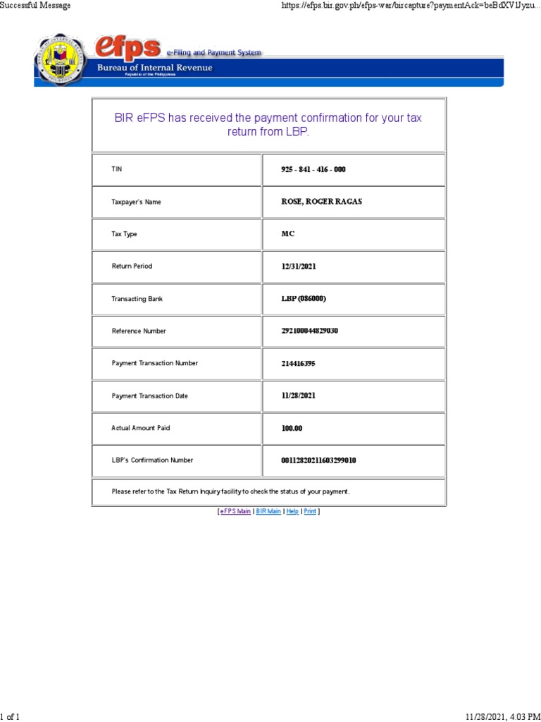 BIR eFPS Has Received The Payment Confirmation For Your Tax Return From ...