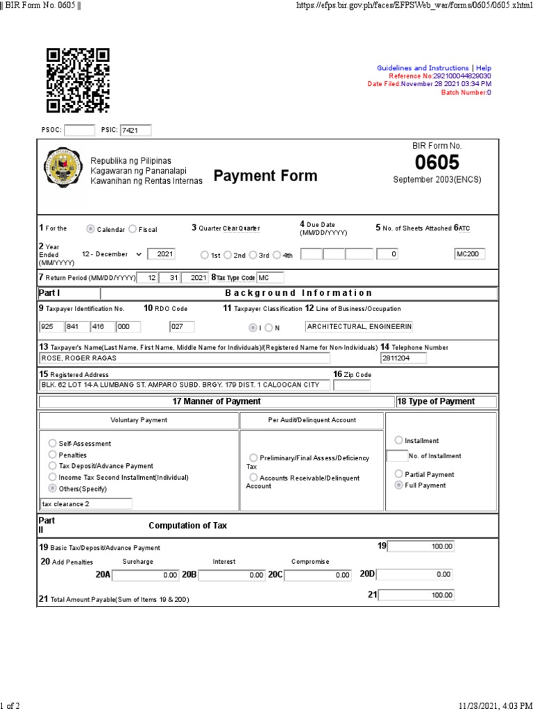 BIR Form No. 0605 2 | PDF | Taxes | Payments