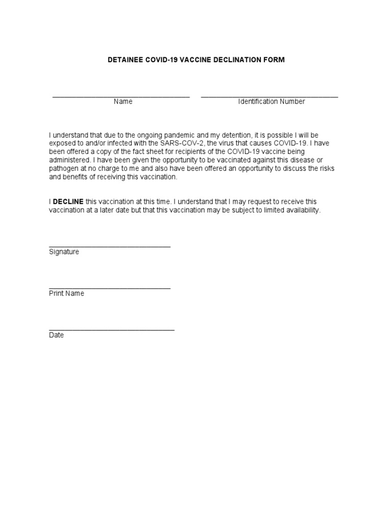 COVID Vaccine Declination Template Form For Jails-060221 | PDF