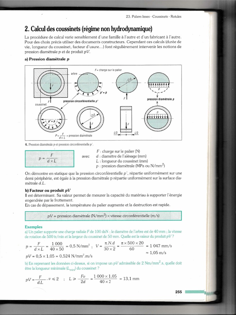Calcul de la pression diamétrale des coussinets | PDF | Palier ...