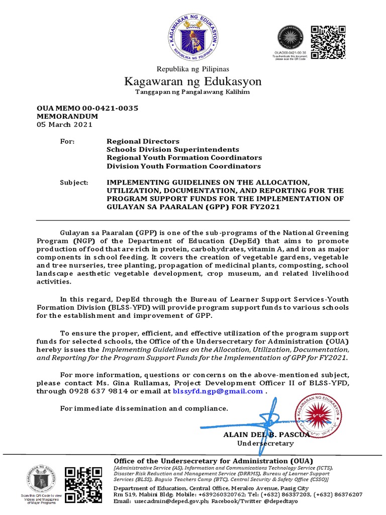 Oua Memo 0421035 Implementing Guidelines On The Allocation Program ...