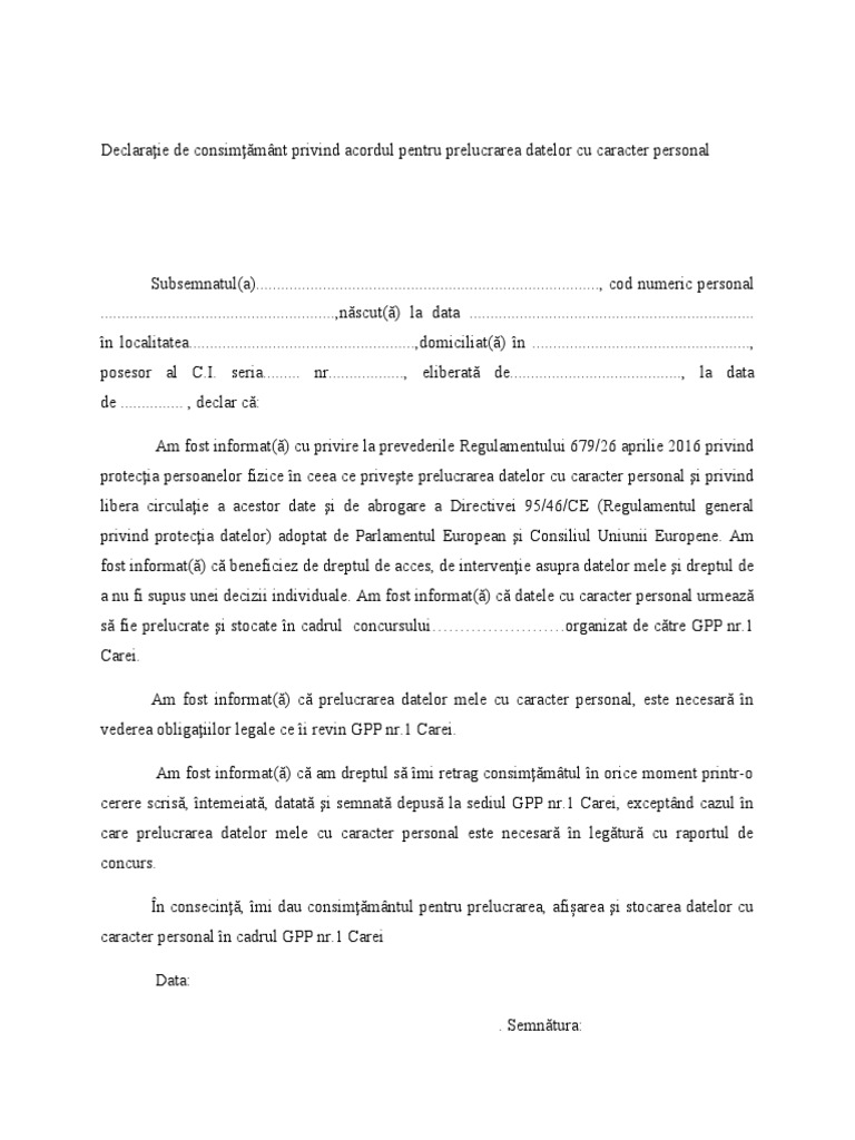 Declaraţie de Consimţământ Privind Acordul Pentru Prelucrarea Datelor ...
