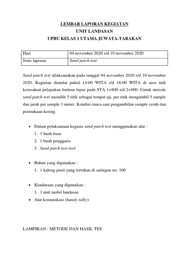 Laporan Hasil Sand Patch Test 2020 | PDF