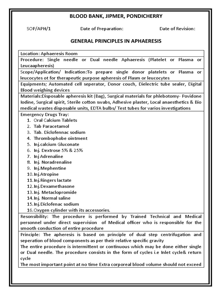 Apheresis Procedure SOP Guide | PDF | Blood Donation | Clinical Medicine