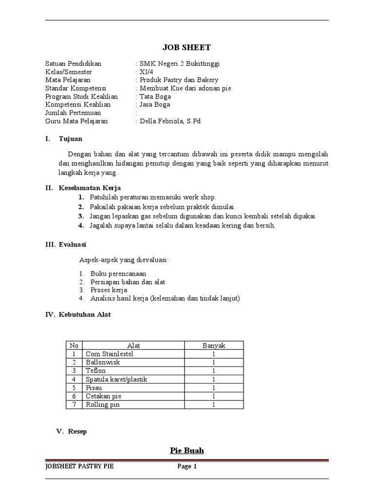 Job Sheet Pembuatan Pie Pastry | PDF