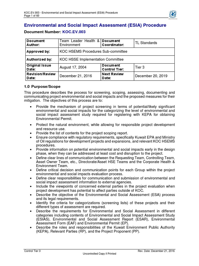 Environmental and Social Impact Assessment (ESIA) Procedure | PDF ...