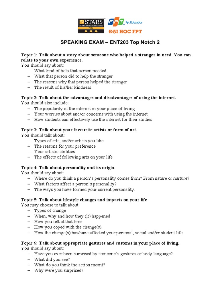 ENT203 - Topics For Speaking Exam | PDF | Cognition | Communication