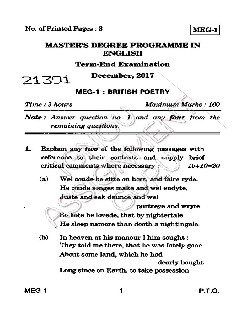 Time: 3 Hours Maximum Marks: 100 Note: Answer Question No. 1 and Any Four From The Remaining ...