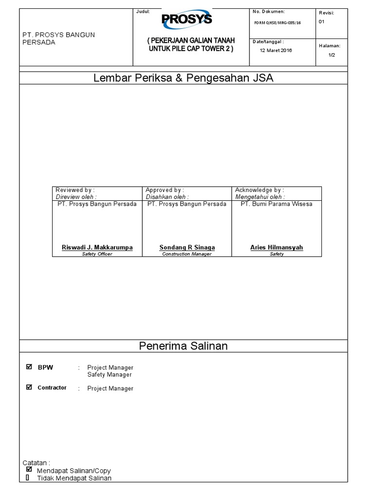 Pengesahan JSA Pekerjaan Galian Pile Cap Tower 2 | PDF