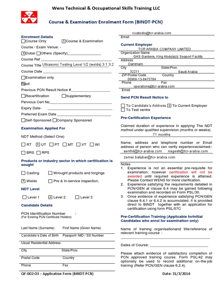 Course & Examination Enrolment Form (BINDT-PCN) | PDF | Nondestructive ...