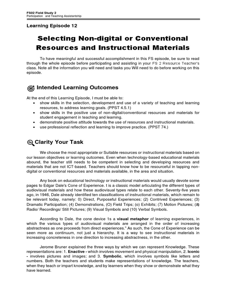 Selecting Non-Digital or Conventional Resources and Instructional ...