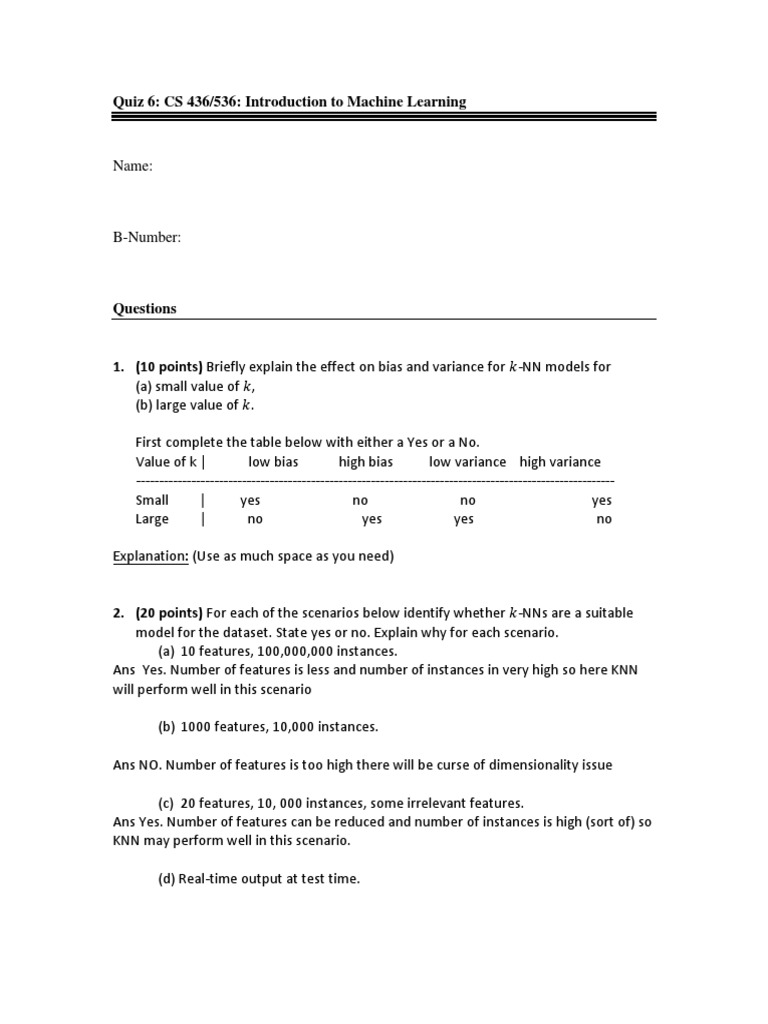 Quiz 6: CS 436/536: Introduction To Machine Learning | PDF | Multivariate Statistics | Teaching ...