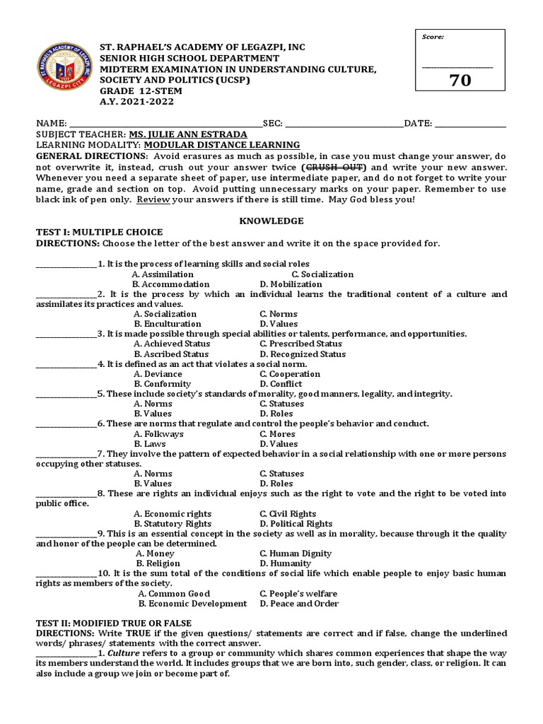 Test Ii: Modified True or False DIRECTIONS: Write TRUE If The Given ...