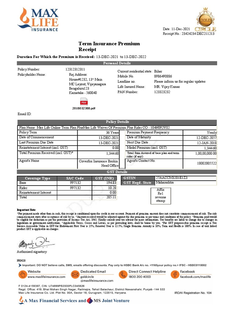 Term Life Insurance Premium Receipt for Mr. Raj documenting the payment ...
