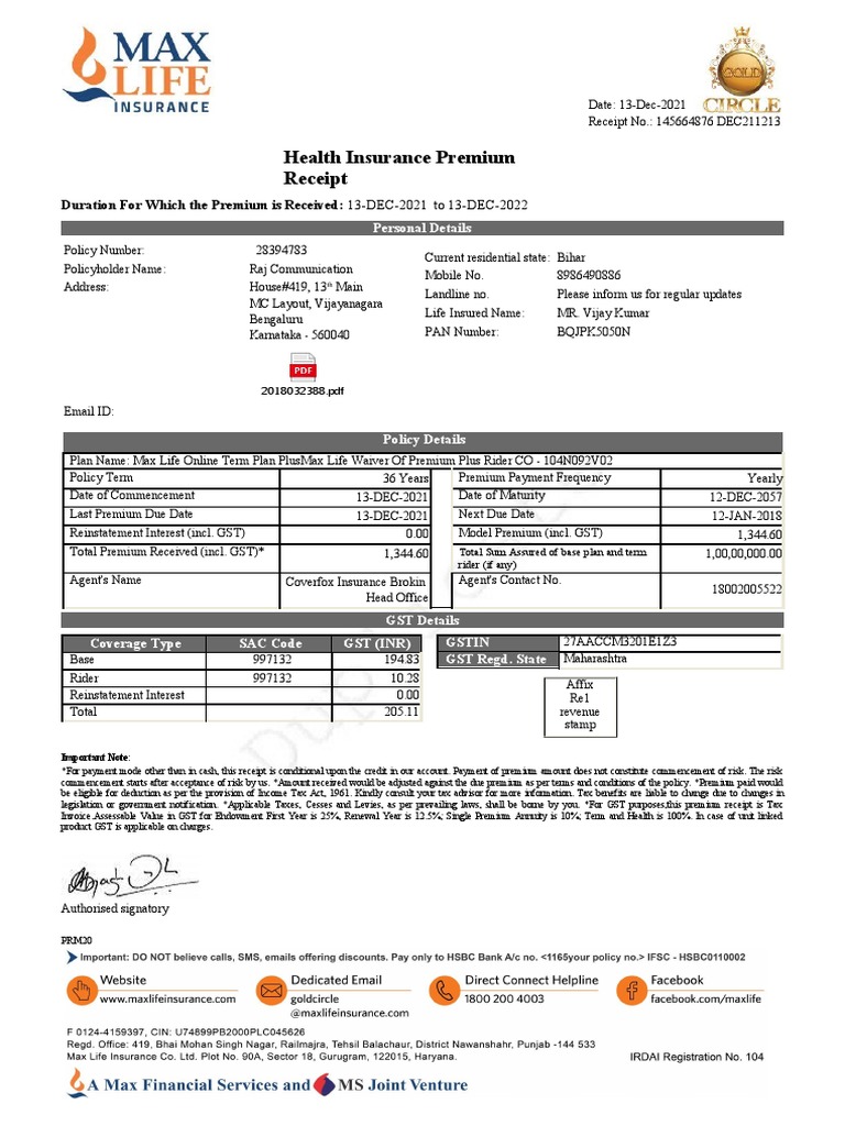 Health Insurance Premium Receipt: Personal Details | PDF | Insurance ...