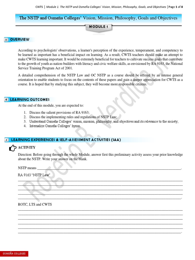 NSTP Overview and Osmeña Colleges' Goals | PDF | Reserve Officers ...