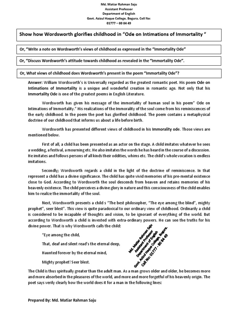 Show How Wordsworth Glorifies Childhood in Ode On Intimations of ...