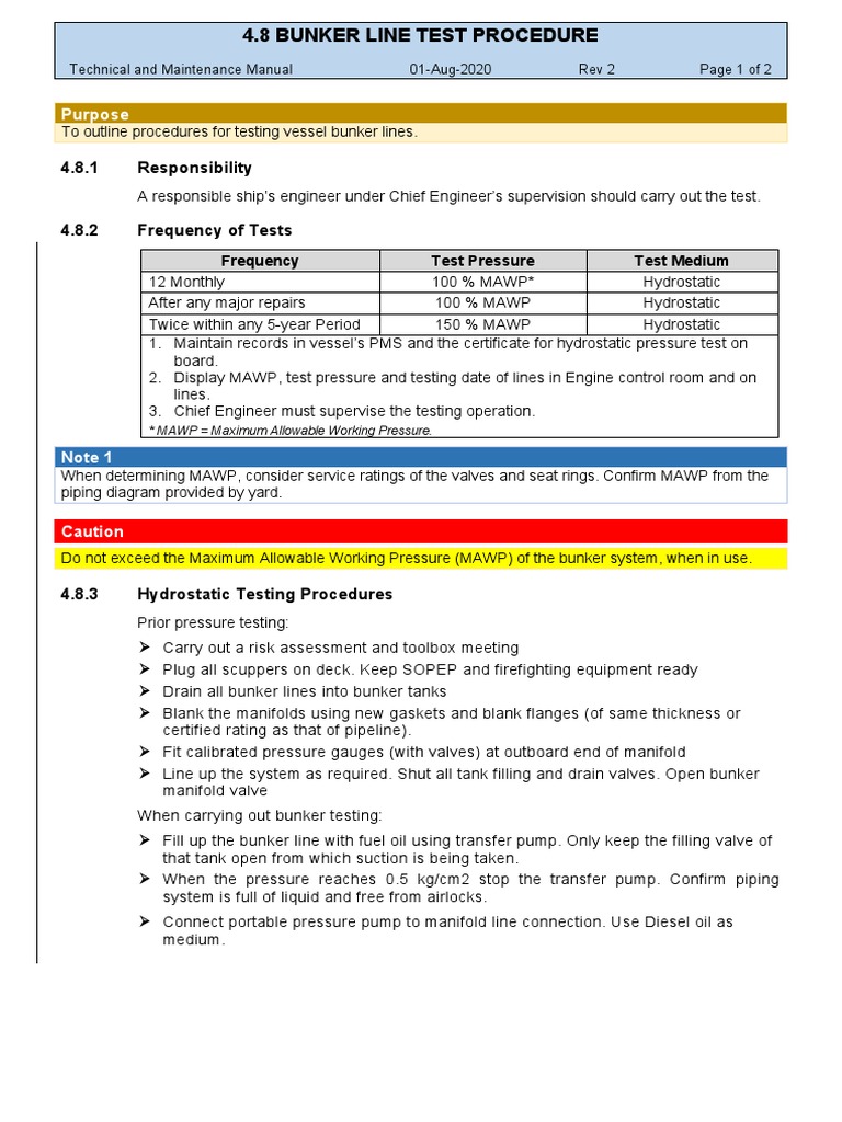 Bunker Line Pressure Testing Procedure | PDF | Fuel Oil | Valve