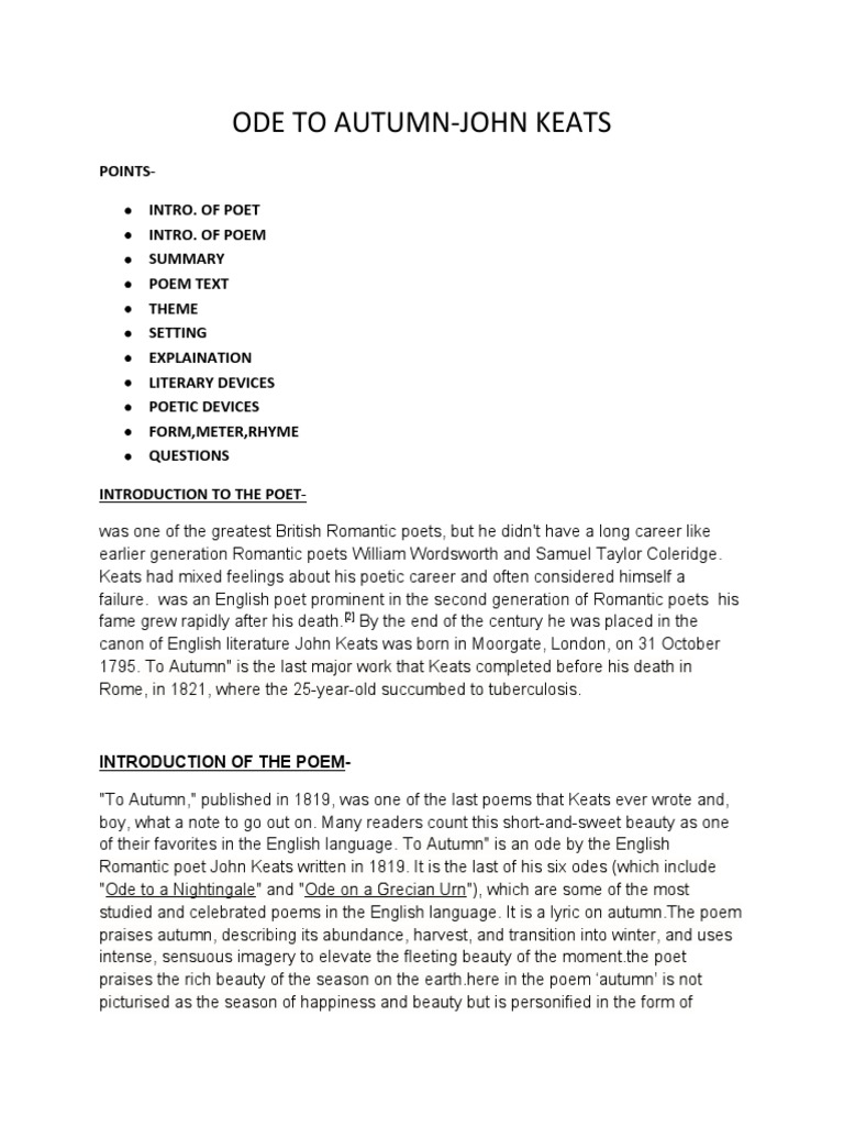 Ode To Autumn | PDF | Poetry | Metre (Poetry)