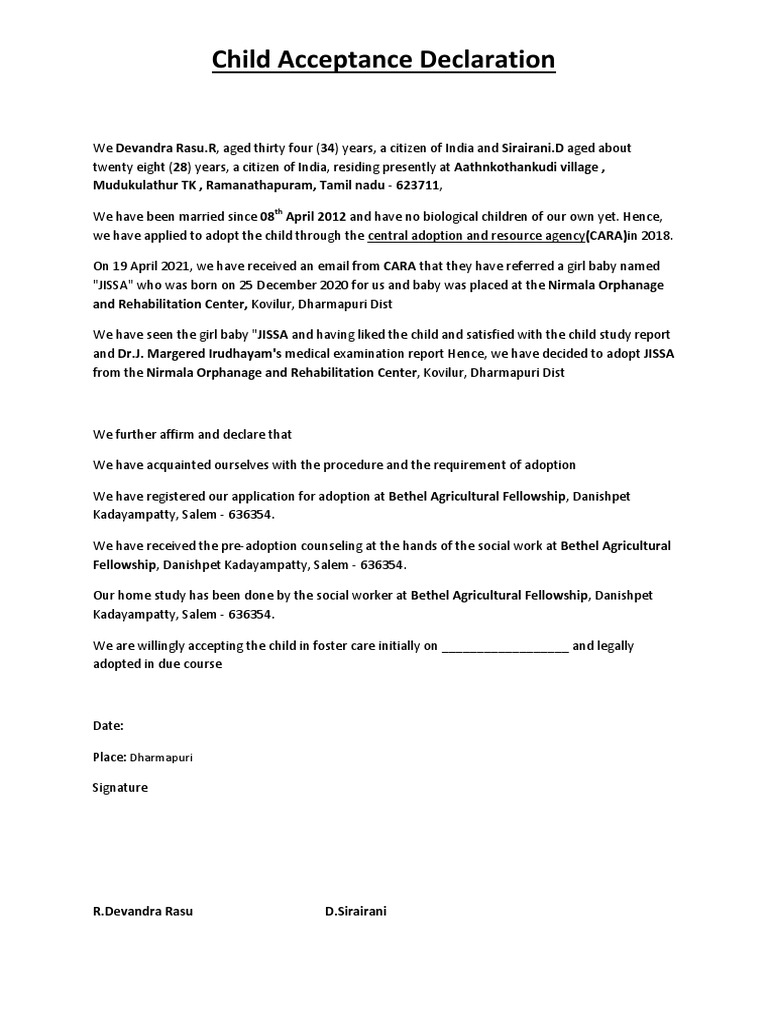 Child Acceptance Declaration | PDF | Wellness | Lifestyle