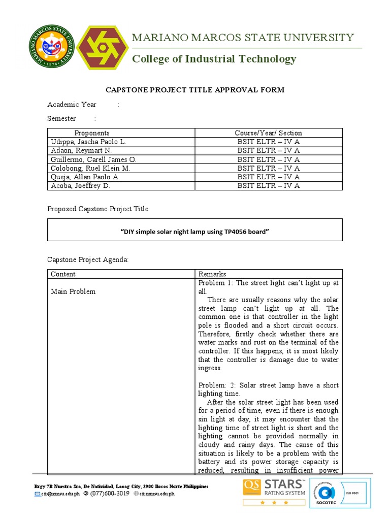 Capstone Project Title Approval Form | PDF | Street Light | Power Supply