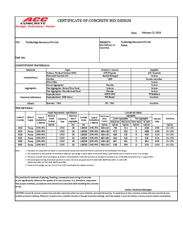 Certificate of Concrete Mix Design: Strength - Performance - Passion ...
