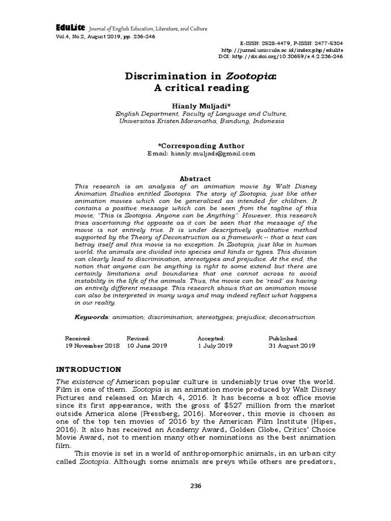Discrimination Themes in Zootopia Analysis | PDF | Deconstruction