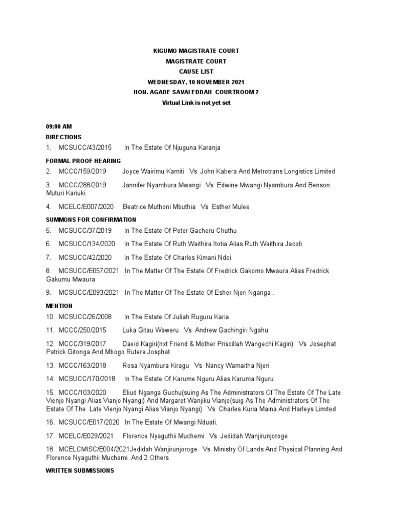 Kigumo Magistrate Court Cause List | PDF