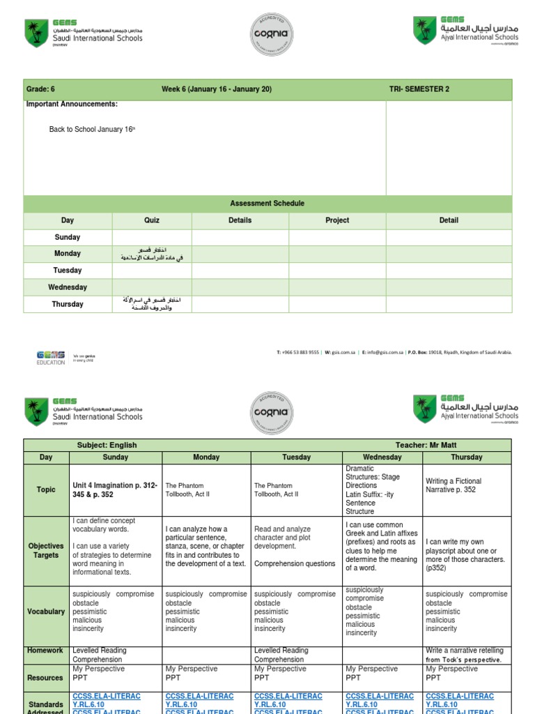 Grade 6 Week 6 Schedule & Announcements | PDF | Reading Comprehension ...