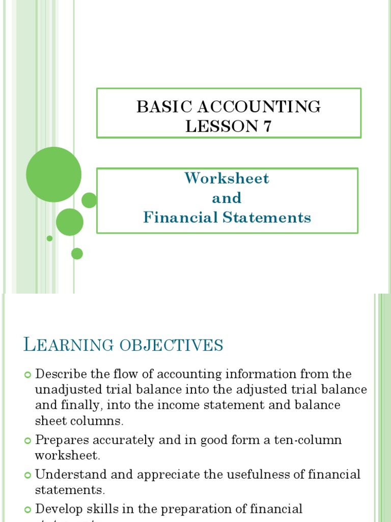 Basic Accounting Lesson 7: Worksheet and Financial Statements | PDF ...