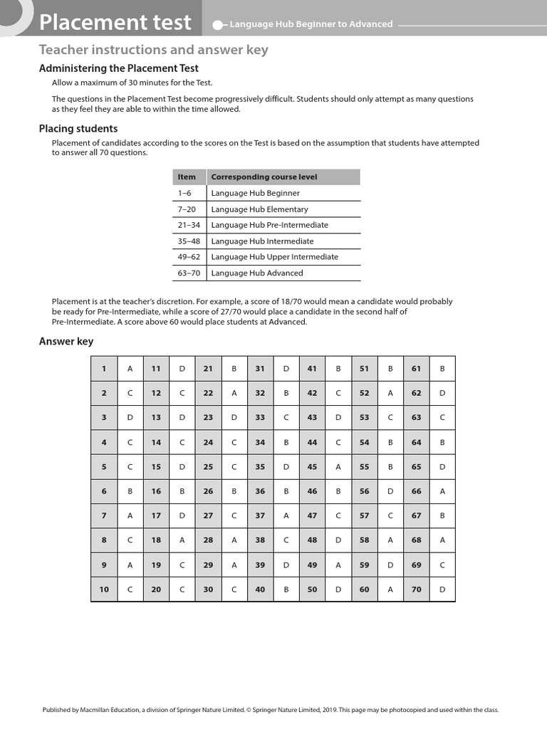 Teacher Instructions and Answer Key: Administering The Placement Test ...