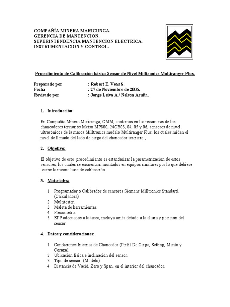 Proced Sensor Nivel Milltronics Multiranger | PDF | Calibración | Sensor