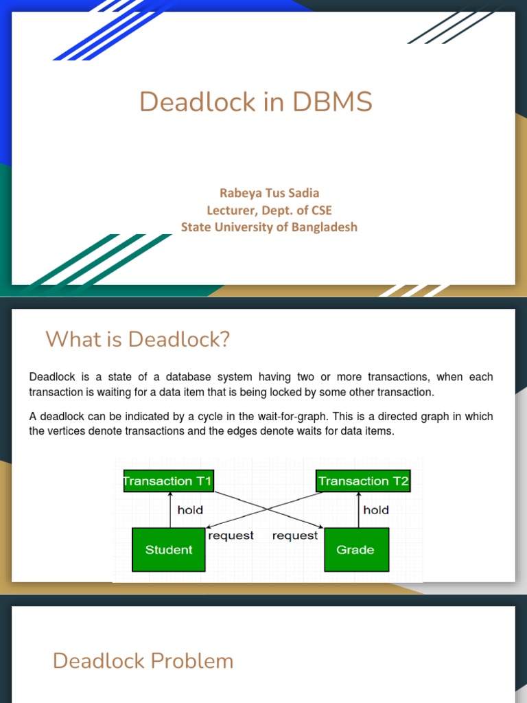 Deadlock in DBMS: Rabeya Tus Sadia Lecturer, Dept. of CSE State ...
