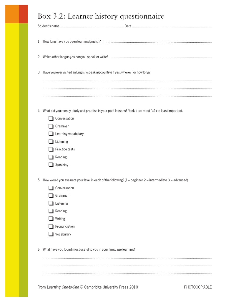Learner History Questionnaire | PDF