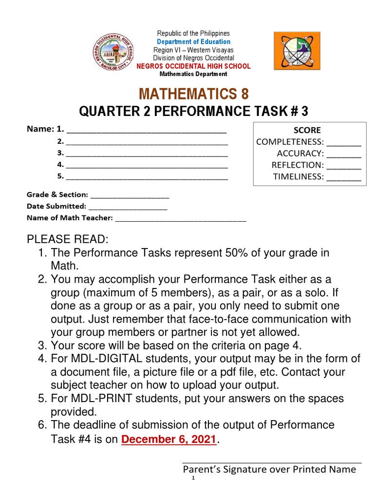 Math 8 Performance Task Guide | PDF | Function (Mathematics) | Question