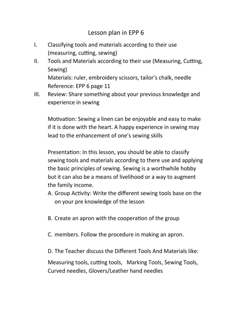 Lesson Plan in EPP 6 | PDF | Sewing | Sewing Needle