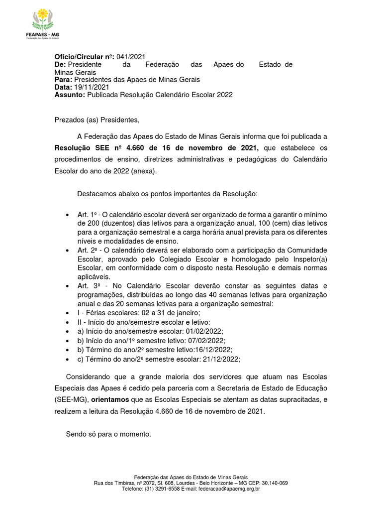 Ofício 041 2021 - Calendário Escolar 2022 | PDF