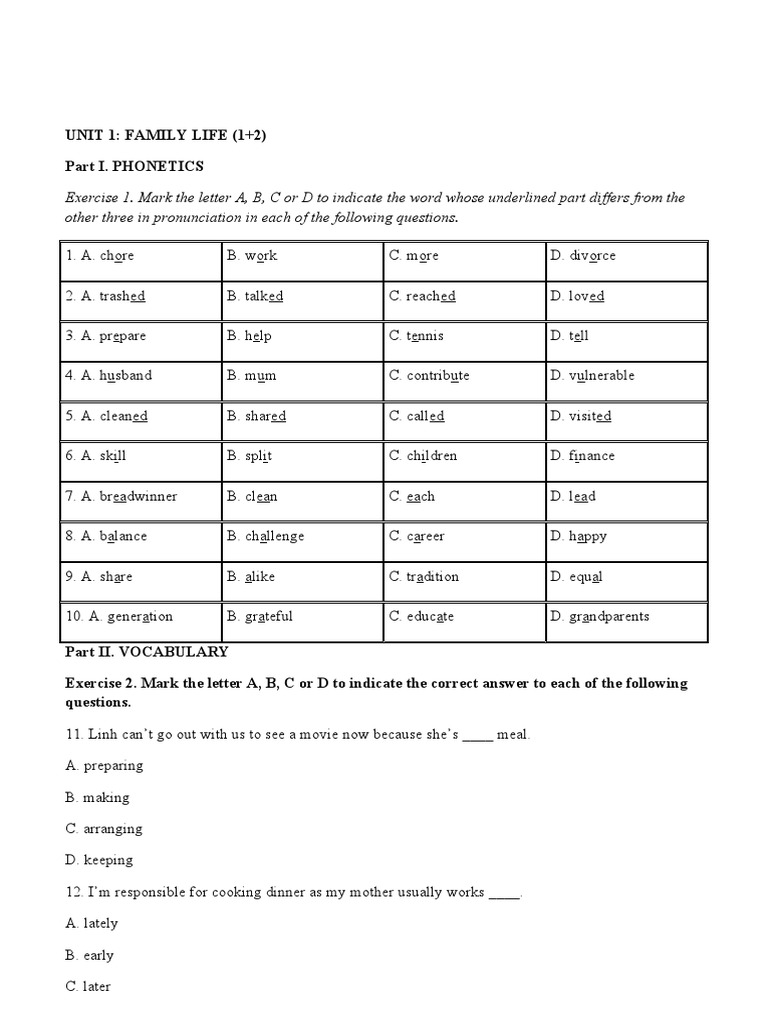 Family Roles and Responsibilities: A Phonetic and Vocabulary Exercise ...